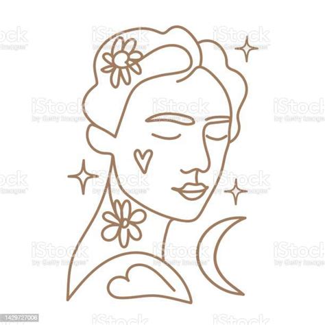 달 별 꽃 및 심장이있는 한 줄의 손으로 그린 여성 초상화가있는 벡터 일러스트레이션 여성 파워에 대한 스톡 벡터 아트 및 기타