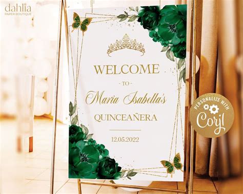 Quinceañera Welcome Sign Editable Emerald And Gold Party Decor Green