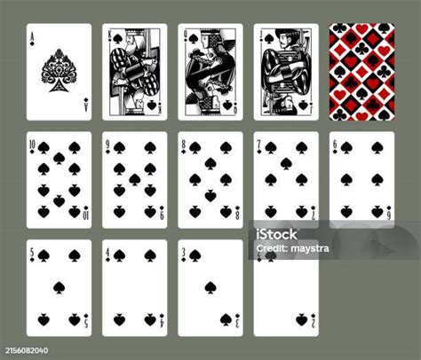 검은 색과 빨간색 색상의 빈티지 조각 드로잉 스타일에 스페이드 슈트의 카드 놀이 세트 카드 여가활동 게임에 대한 스톡 벡터 아트 및 기타 이미지 카드 여가활동 게임