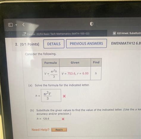 Solved Consider The Following A Solve The Formula For The Chegg