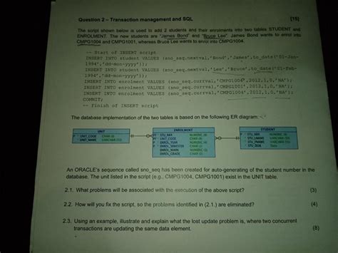 Solved Question 2 Transaction Management And SQL 15 The Chegg
