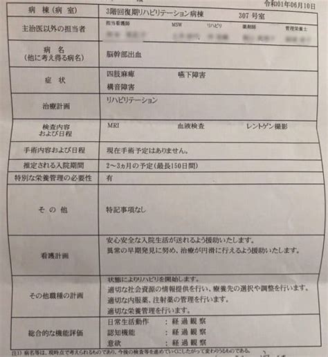 入院診療計画書 脳幹出血からの復活を目指して