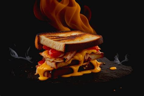Premium Ai Image Grilled Chicken Cheese Sandwich With Fire Black