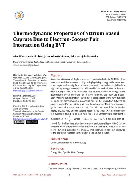 Pdf Thermodynamic Properties Of Yttrium Based Cuprate Due To Electron Cooper Pair Interaction