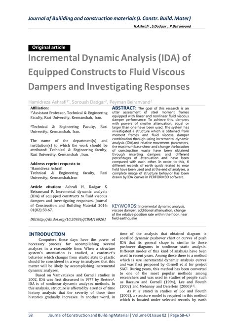 Pdf Incremental Dynamic Analysis Ida Of Equipped Constructs To Fluid Viscous Dampers And