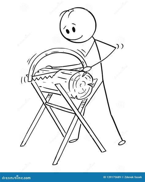Cartoon Drawing Of Man Cutting Log Or Wood With Handsaw Or Saw Stock