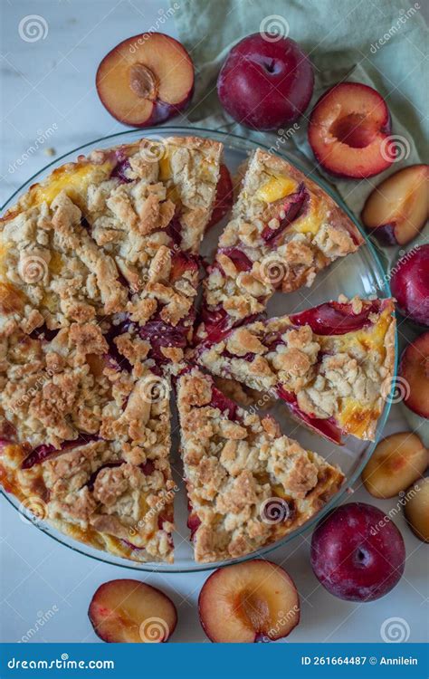 Sweet German Plum Cake Zwetschgenkuchen With Crumbles Stock Image