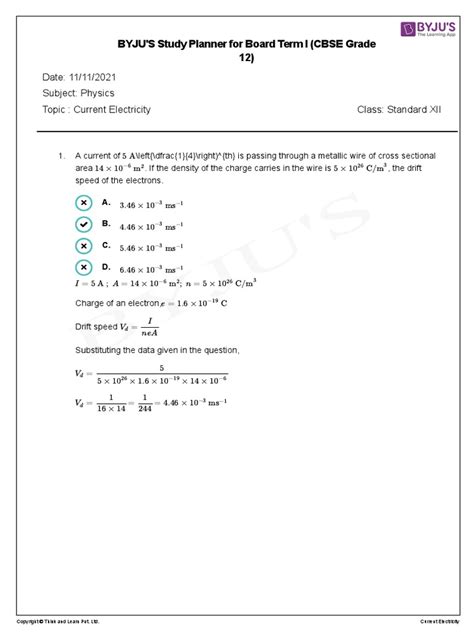 Cbse Class 12 Physics Current Electricity Practice Question Solutions