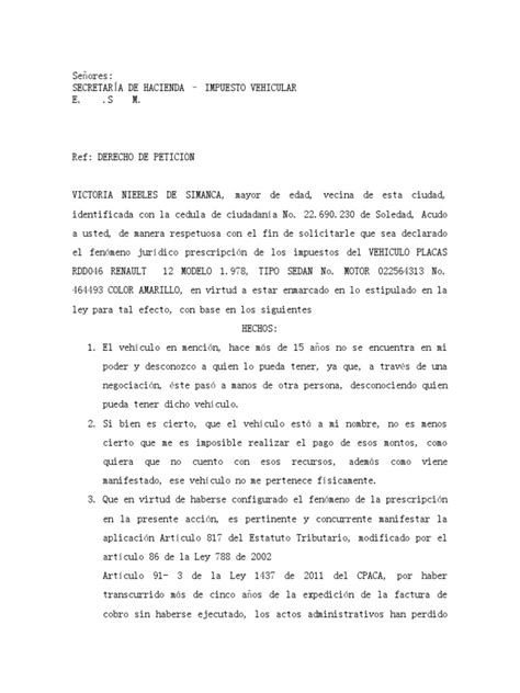 Solicitud De Prescripcion De Impuesto Vehiculo Pdf Estatuto De