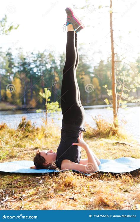 Pretty Woman In Yoga Salamba Sarvangasana Shoulderstand Pose Stock