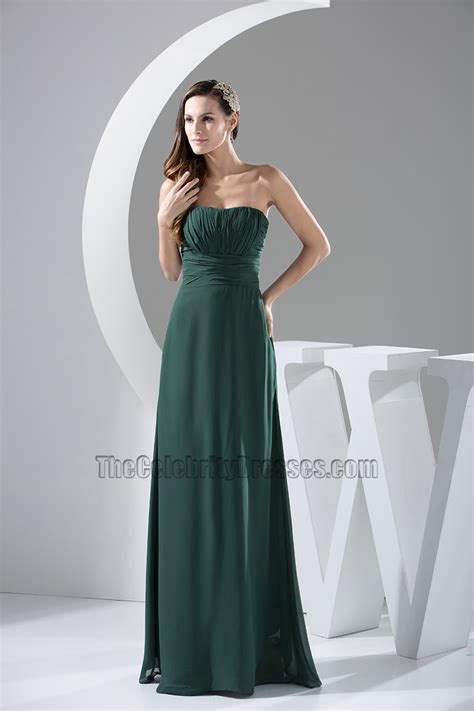 Dark Green Strapless Chiffon Floor Length Prom Gown Evening Dress