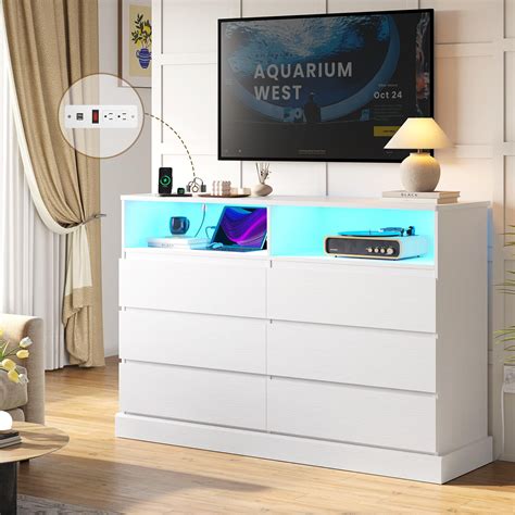 Afuhokles White 6 Drawer Dresser With Led Lights Charging Station And