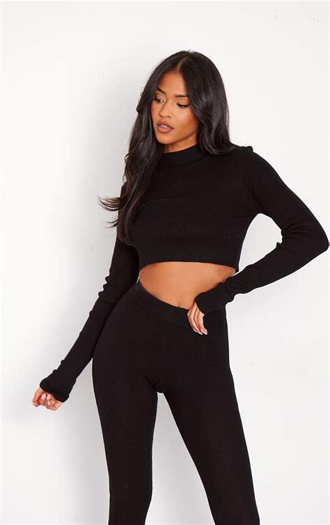 Tall Black Knitted Cropped Crew Neck Jumper Tall Prettylittlething