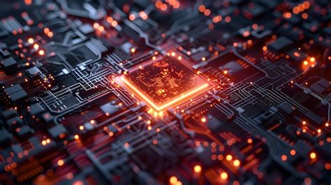 Glowing Technological Circuit Board With Luminous Interconnected Microchips And Data Pathways