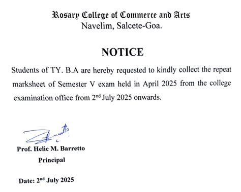 Tyba Sem V Repeat Marksheet Notice Rosary College Of Commerce