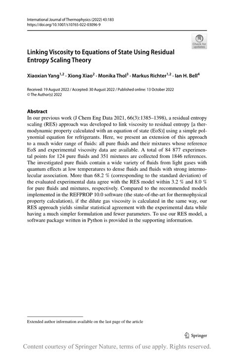 Pdf Linking Viscosity To Equations Of State Using Residual Entropy