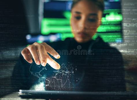 hacker woman and hand with global network hologram information