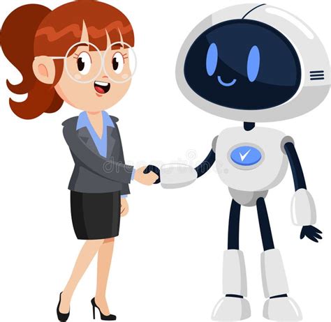 Business Woman And Ai Robot Cartoon Characters Shaking Hands At Meeting Stock Vector