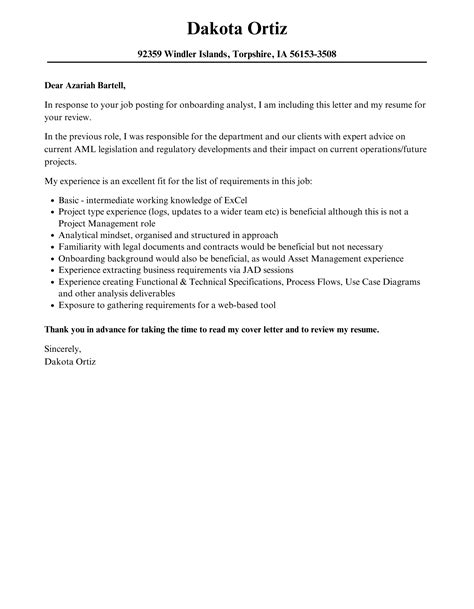 Onboarding Analyst Cover Letter Velvet Jobs