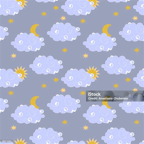 Awan Di Langit Matahari Bulan Dan Bintang Pola Mulus Ilustrasi Vektor