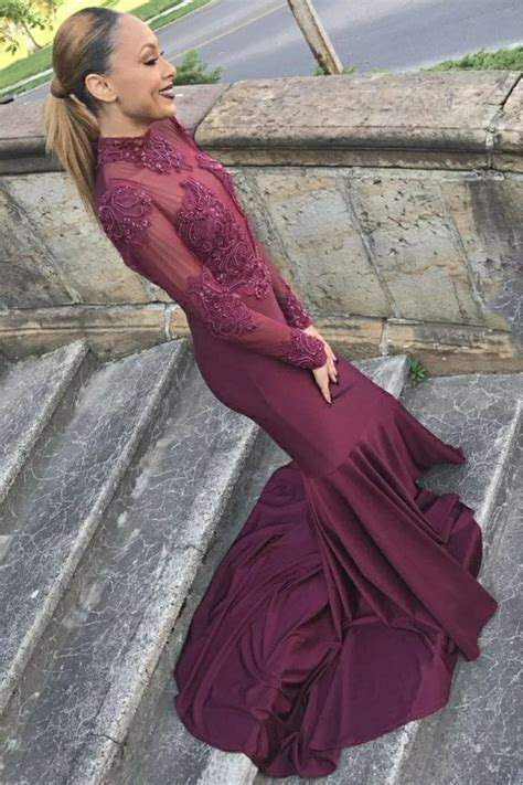 Aubrey Classical Burgundy High Neck Long Sleeves Appliques Mermiad Prom
