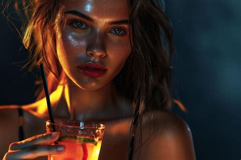 Young Woman Drinking A Cocktail Generative Ai Premium Ai Generated Image