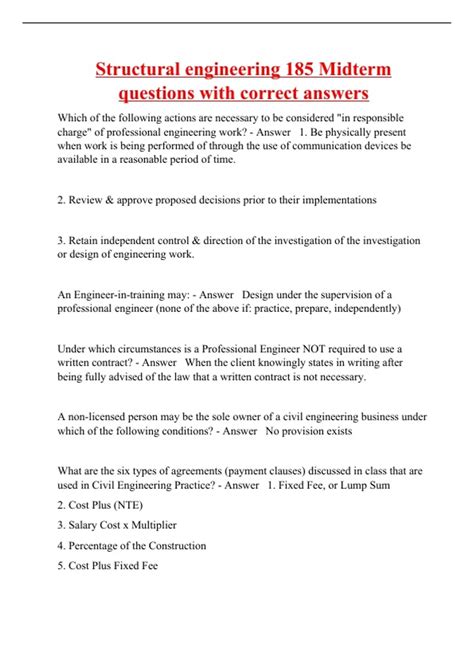 Structural Engineering 185 Midterm Questions With Correct Answers
