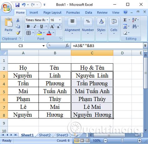 cách gộp 2 cột họ và tên trong excel không mất nội dung cosy