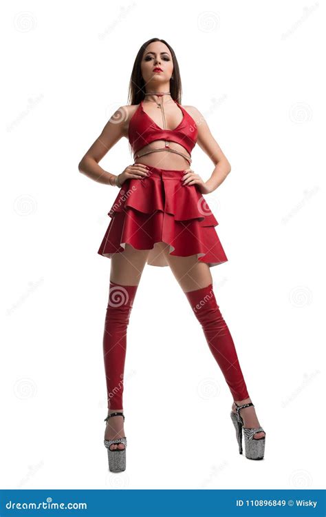 Brunette In Red Leather Top And Mini Skirt Stock Image Image Of Cute Erotic 110896849