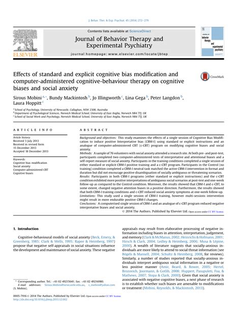 Pdf Effects Of Standard And Explicit Cognitive Bias Modification And Computer Administered