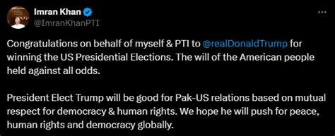 سابق وزیر اعظم عمران خان کی ڈونلڈ ٹرمپ کو صدارتی انتخاب میں کامیابی پر