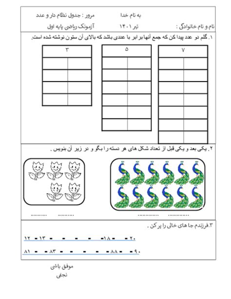 آزمونک ریاضی کلاس اول دبستان رودکی جدول نظام دار گاما