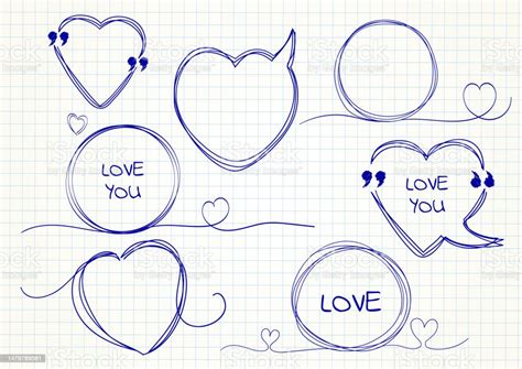 오래된 노트북 페이지에 손으로 그린 스타일로 낙서된 만화 하트 모양의 연설 거품의 벡터 컬렉션 견적을 위한 공간을 복사합니다 텍스트에 대한 템플릿 집합입니다 개체 그룹에