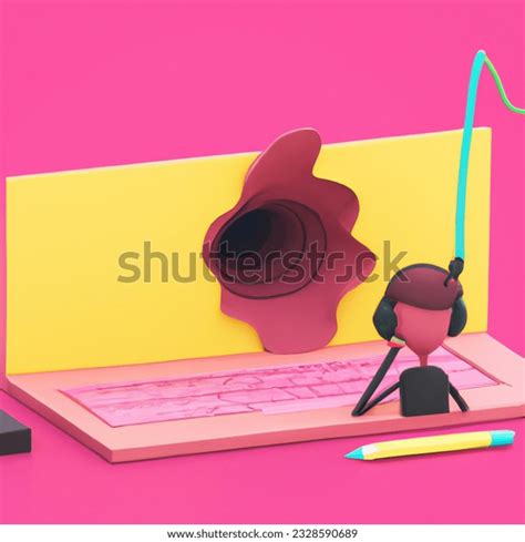 「low Poly 3d Image 笔记本电脑使用带有耳机或音箱的场景有人」のai生成画像、2328590689 Shutterstock