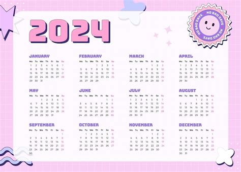 Calendario mensual horizontal 2024 en estilo Y2k Diseño gráfico de los