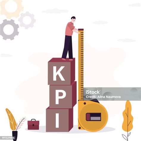 사업가는 줄자를 사용하여 Kpi 수준을 측정합니다 비즈니스 벤치마크 측정 Kpi 성공 개선 또는 비즈니스 성장을 평가하기 위한 핵심 성과 지표 개발에 대한 스톡 벡터 아트