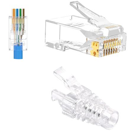 貫通式 Rj45 Lan コネクタ 100個入 Cat6 Cat5e Cat5 Lanケーブル用 貫通型 Lanコネクタ 配線簡単 爪折れに