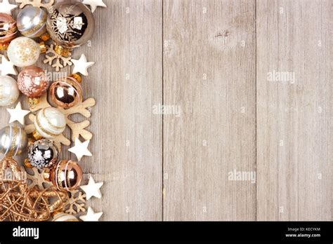 Christmas Side Border With White And Gold Ornaments On A Rustic Wood