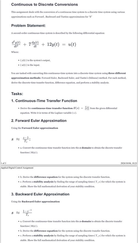 Solved Backward Euler Approximation Convert The Continuous Time