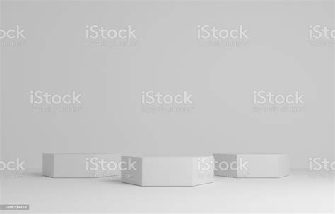 제품 연단 세 개의 육각형 연단 흰색 배경 3d 일러스트레이션 0명에 대한 스톡 사진 및 기타 이미지 0명 3차원 형태