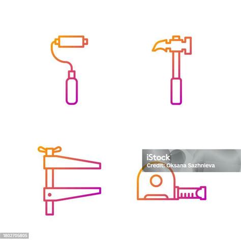 세트 라인 룰렛 구성 클램프 도구 페인트 롤러 브러시 및 클로 해머 그라데이션 색상 아이콘 벡터 갈고리 발톱에 대한 스톡 벡터 아트 및 기타 이미지 Istock