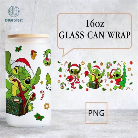 Disney Stitch Grinch Mode 16oz Libbey Glass Can Wrap Design Sublimation