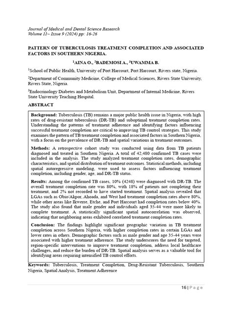 Pattern Of Tuberculosis Treatment Adherence And Associated Factors In Southern Nigeria Pdf
