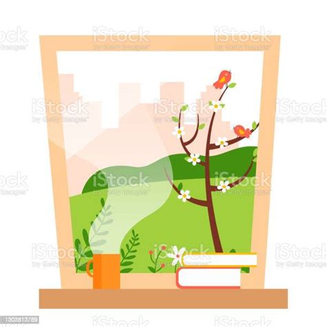 창턱에 차와 책 한 잔이있는 봄 창 창가의 아름다운 봄 풍경 벡터 그림입니다 창문에 대한 스톡 벡터 아트 및 기타 이미지