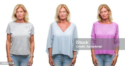 콜라주 흰색 절연된 Backgroud 통해 아름 다운 중 년 금발 여자의 우울 하 고 울고 분노 하 고 무서 워 하는 고통에 대 한 걱정 슬픈 식입니다 감정에 대한 스톡