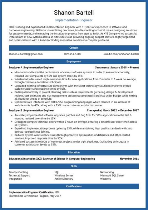 Implementation Engineer Resume Cv Example And Writing Guide