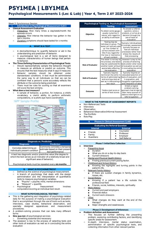 PSY MEA LBY MEA Psychological Measurements Lec Lab Year