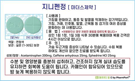 팜포트 지니펜정 마더스제약 약품정보 복약안내문 생활요법 감기약 비만치료보조제 네이버 블로그