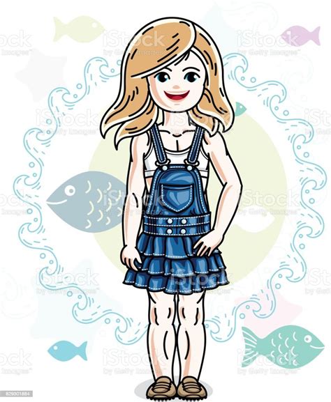 바다와 물고기와 해양 배경에서 서 있는 캐주얼 옷에 금발 소녀 귀여운 아이 유아 벡터 꽤 인간의 그림입니다 감정에 대한 스톡 벡터 아트 및 기타 이미지 Istock