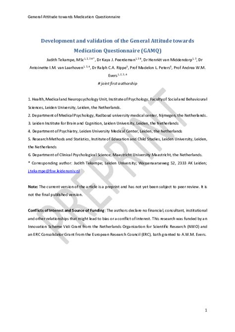 Pdf Development And Validation Of The General Attitude Towards Medication Questionnaire Gamq